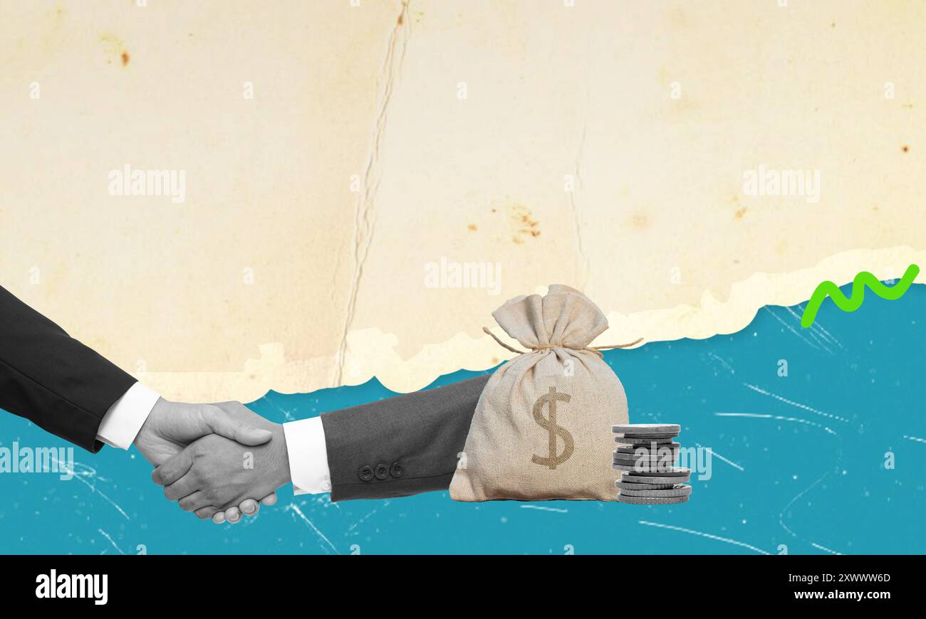 Modern art collage, handshake on the background of a white sheet of ...