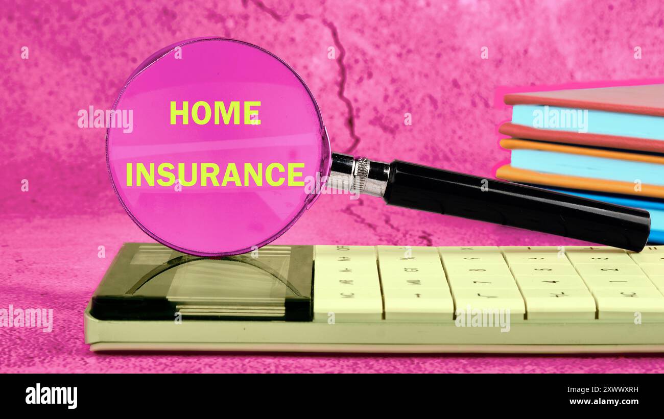 HOME INSURANCE words written through a magnifying glass on a crimson ...
