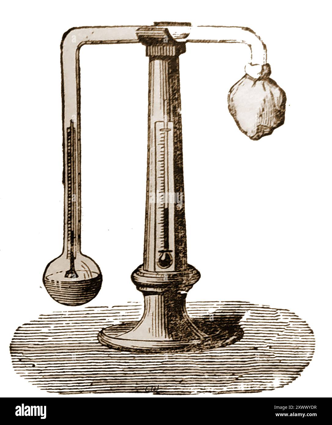 A 19th century illustration of Daniell's Hygrometer, a type of dew ...