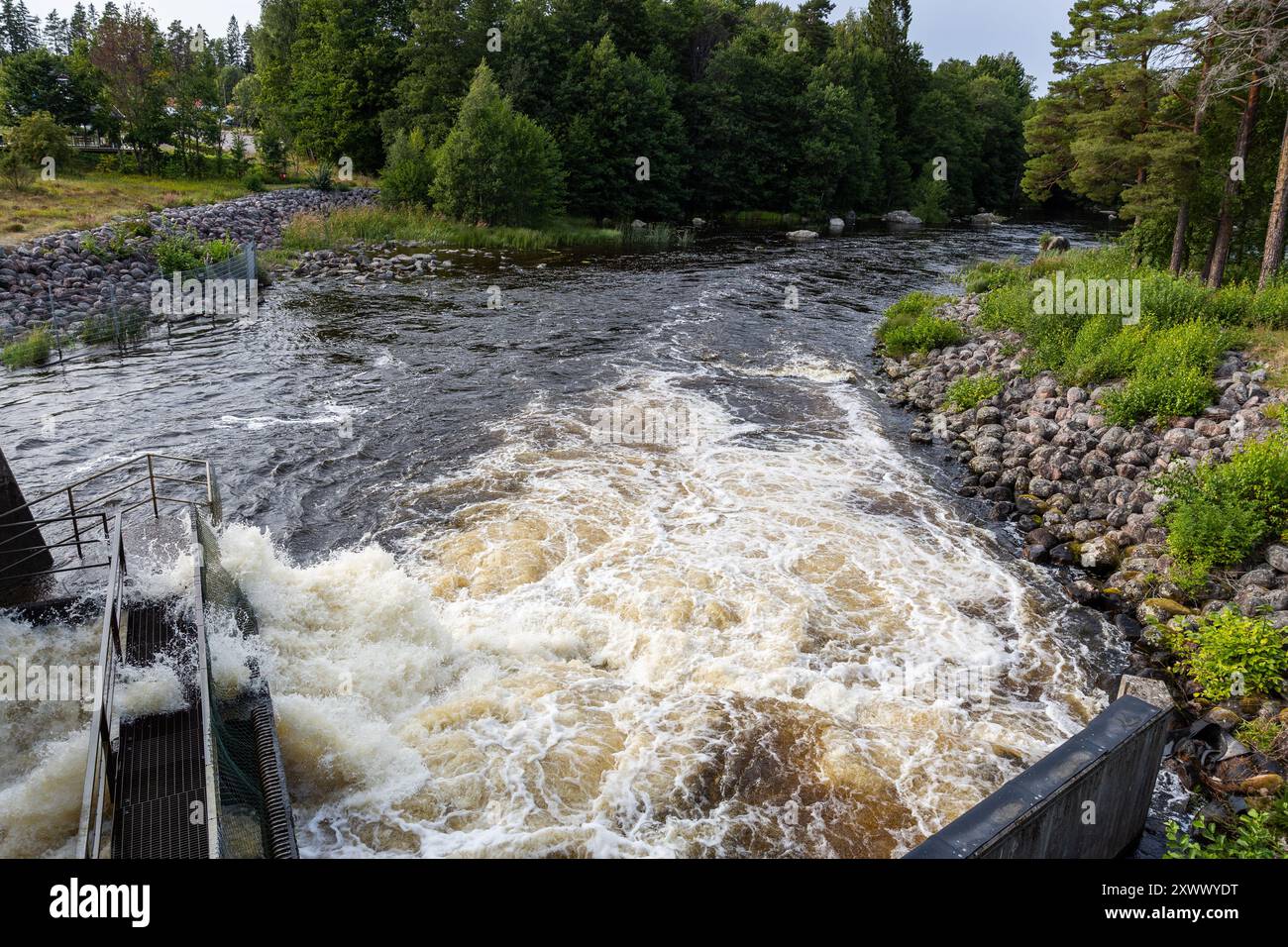 The Dal River (In Swedish: Dalälven) in the village of Älvkarleby ...