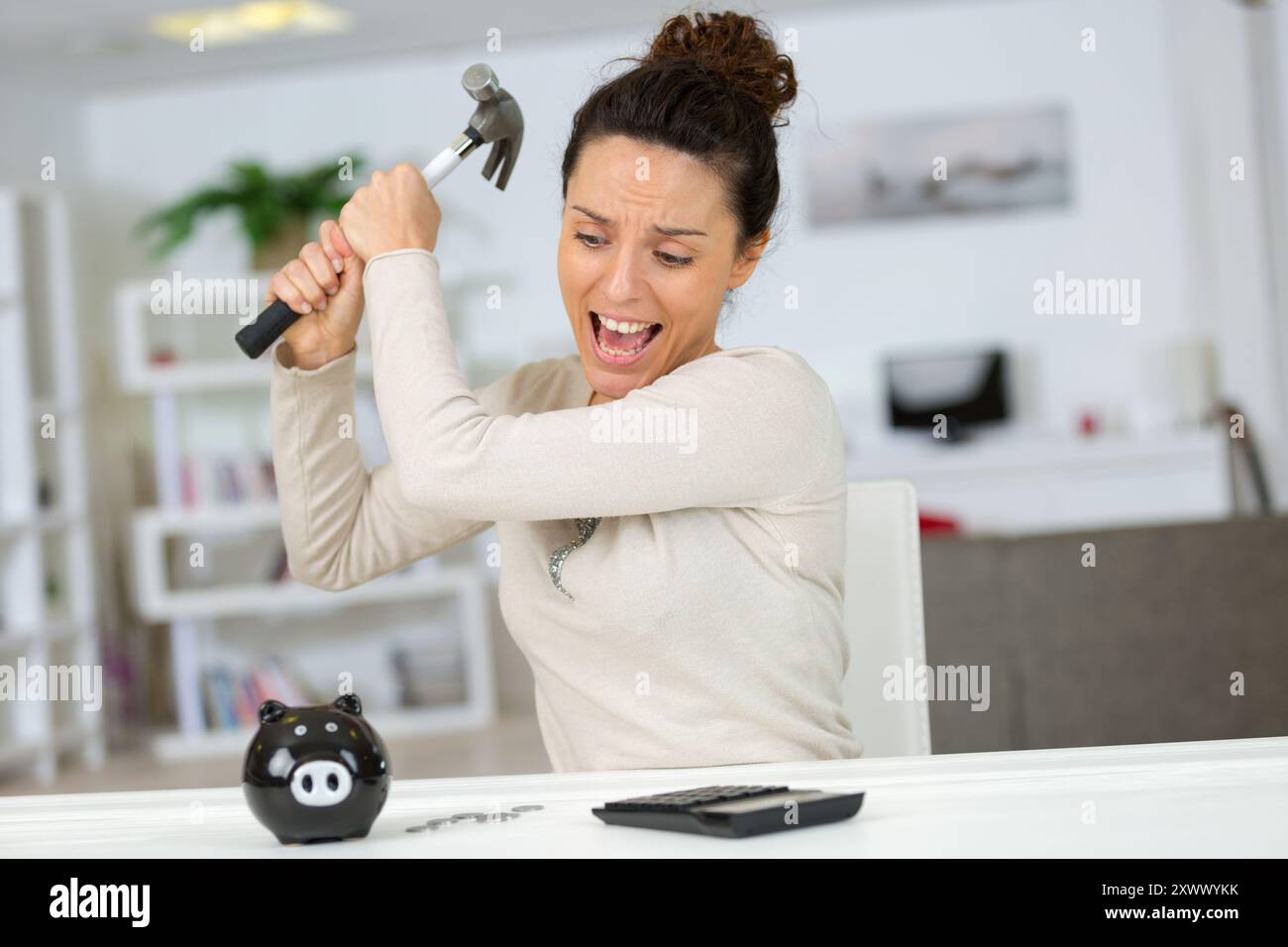 Female breaking piggy bank hi-res stock photography and images - Alamy