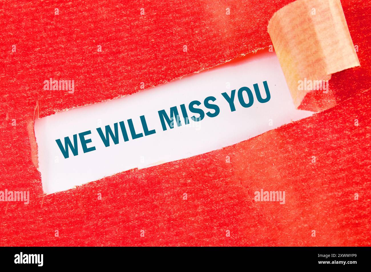 WE WILL MISS YOU written on a white background under a torn strip of ...