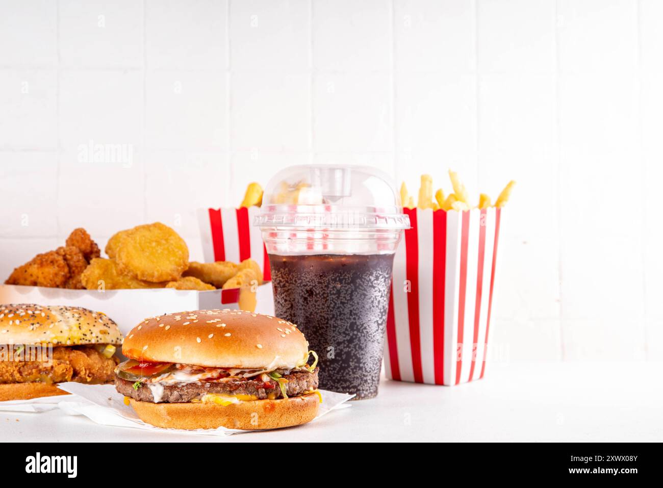 Fast food delivery menu background with various burgers, cheeseburger ...