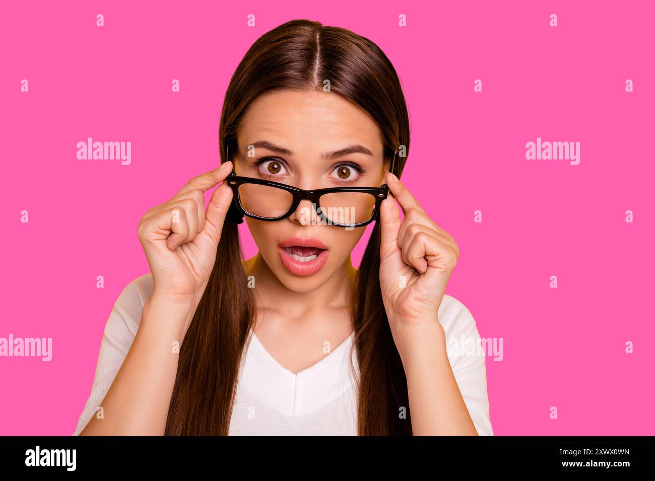 Portrait cute astonished lady touch specs dilemma academy knowledge ...