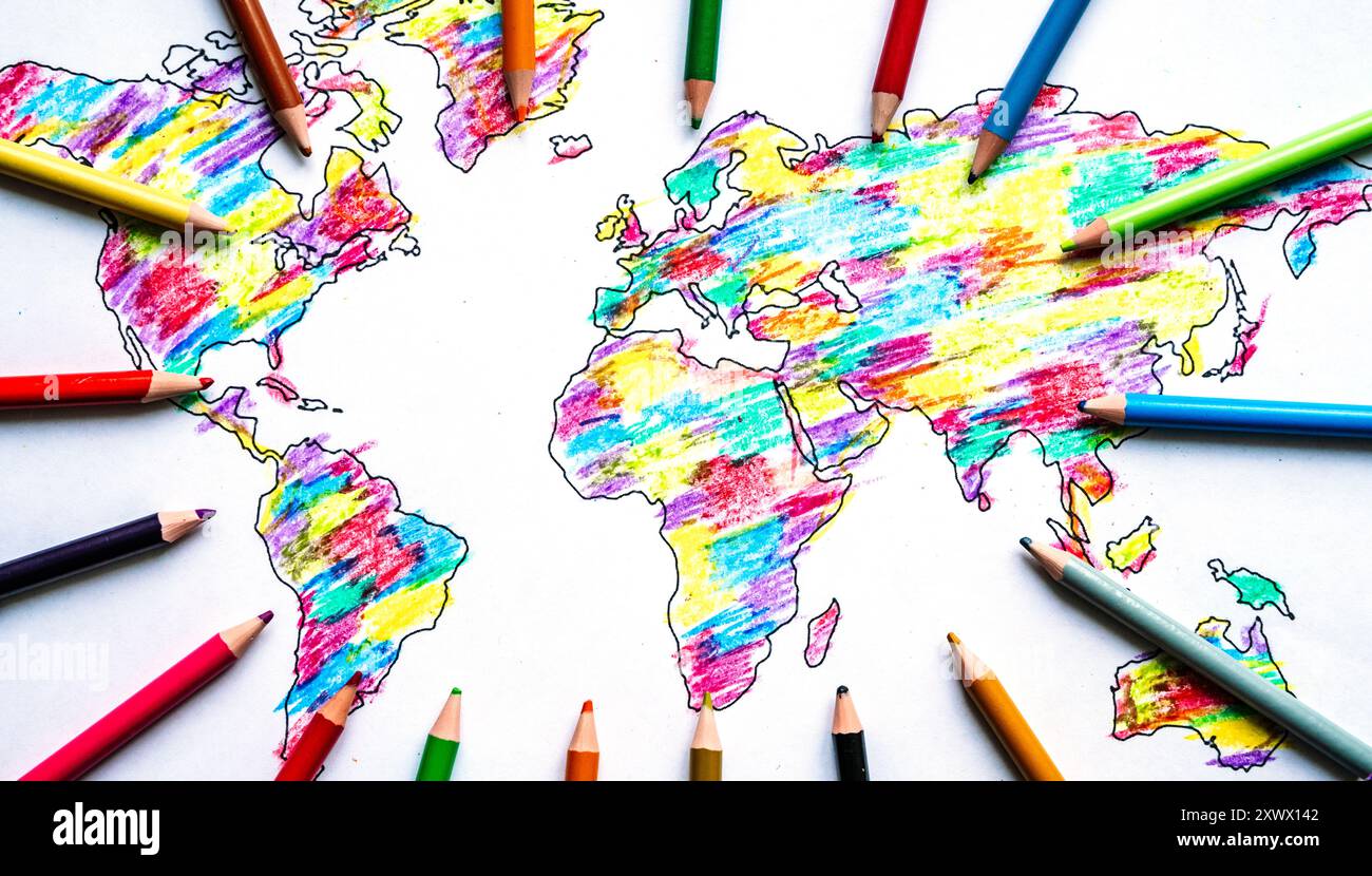 Color drawing world map with colored pencils for children and kids ...