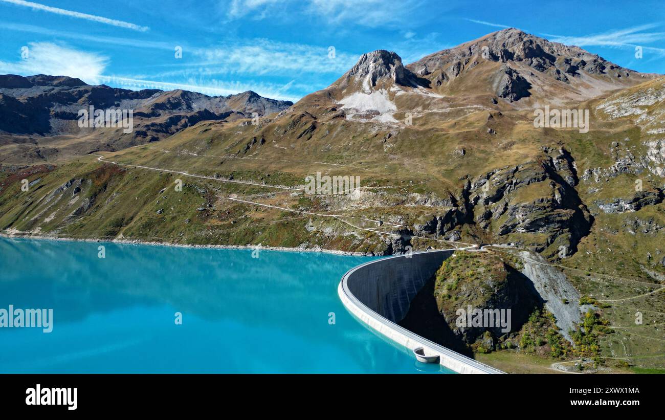 Switzerland, canton of Valais: aerial view of the lake and dam of Moiry ...