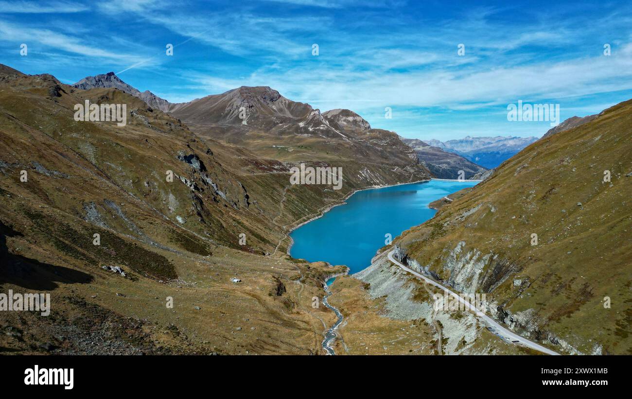Switzerland, canton of Valais: aerial view of the lake and dam of Moiry ...