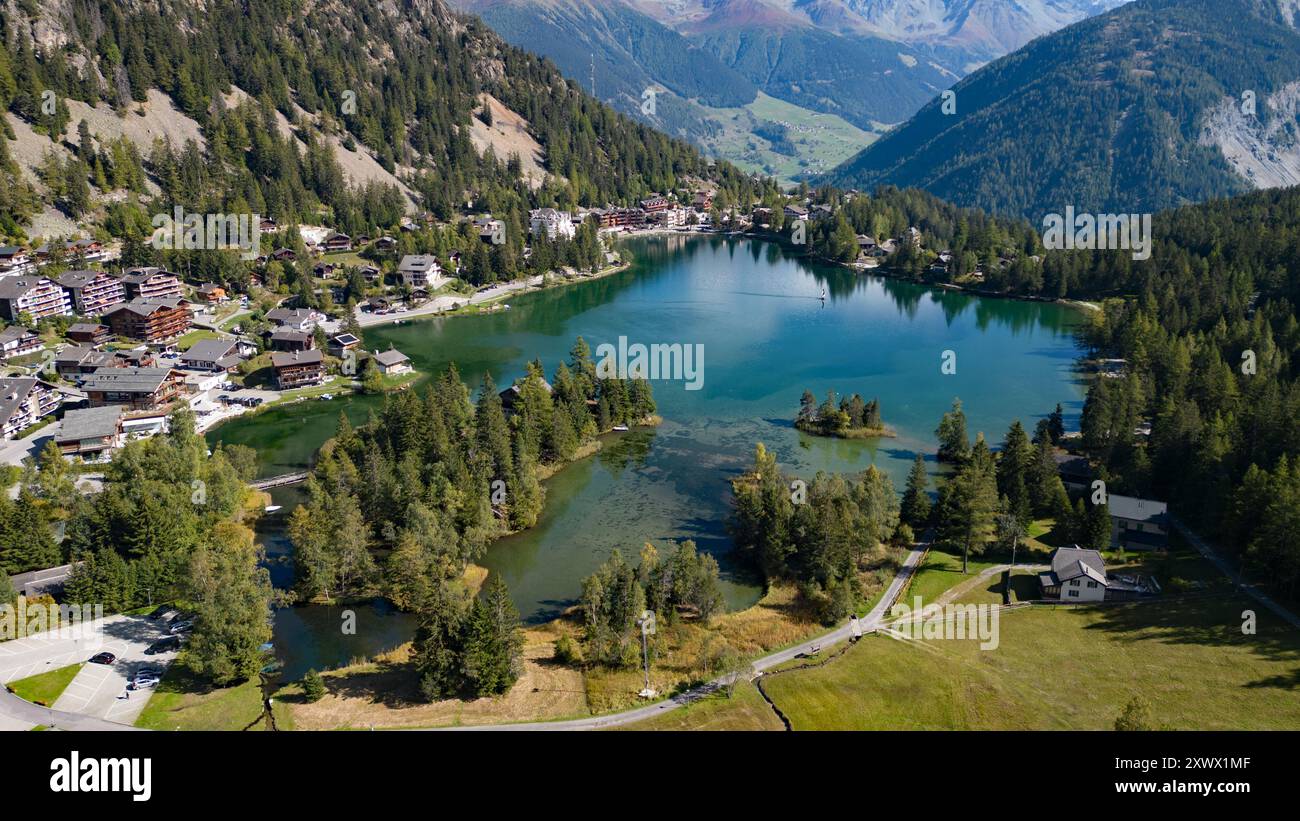 Switzerland, Orsieres, villages of Champex-Lac: aerial view of the ...