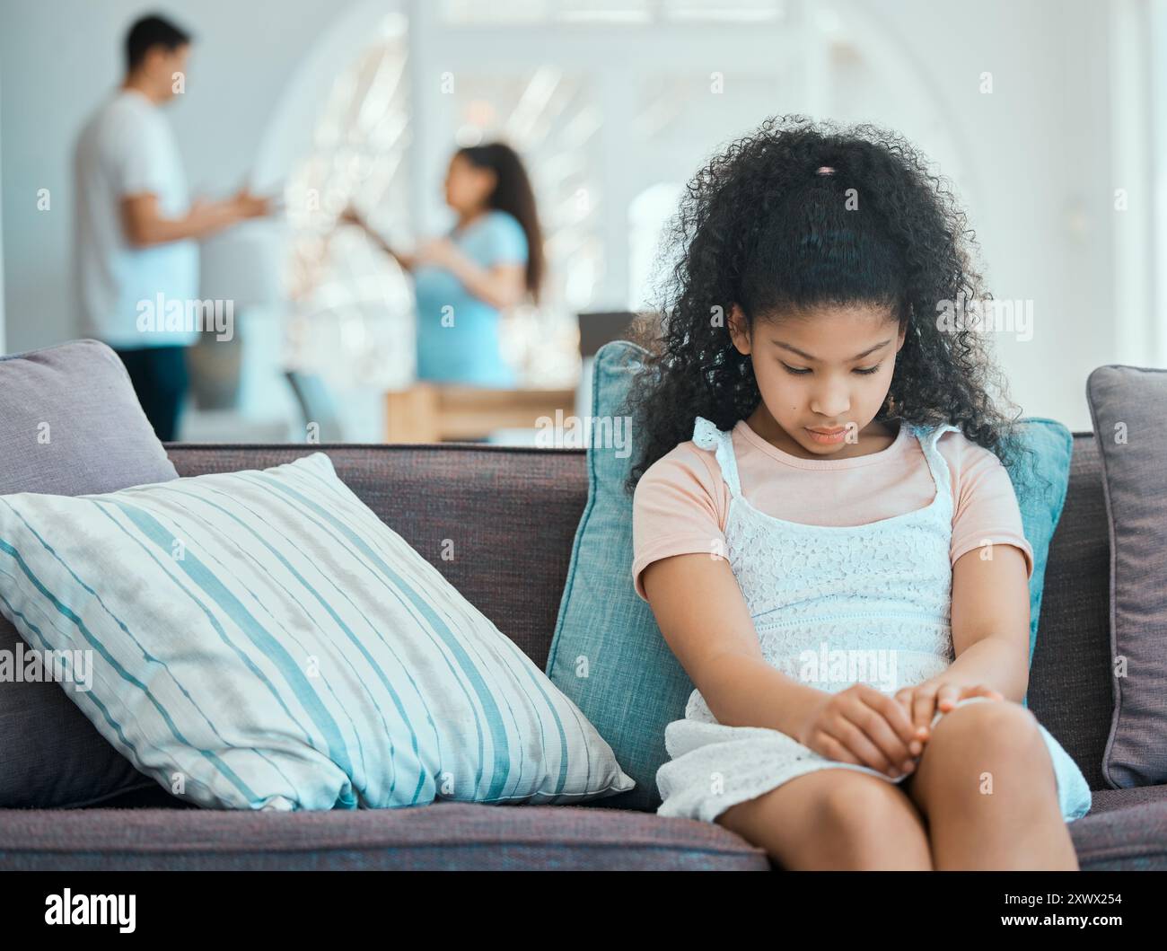 Sad girl, home and parents with conflict, fighting and depression with ...
