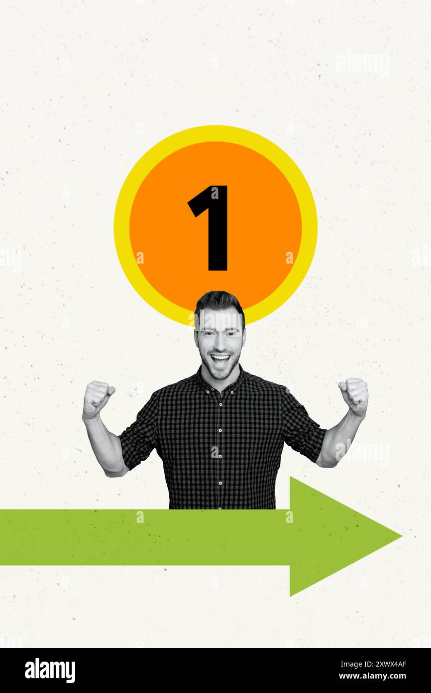 Creative image collage young happy cheerful man take 1st place winner ...