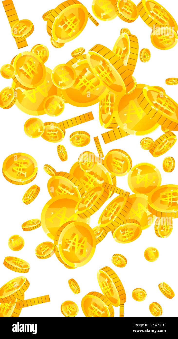 Korean won coins falling. Scattered gold WON coins. Korea money ...