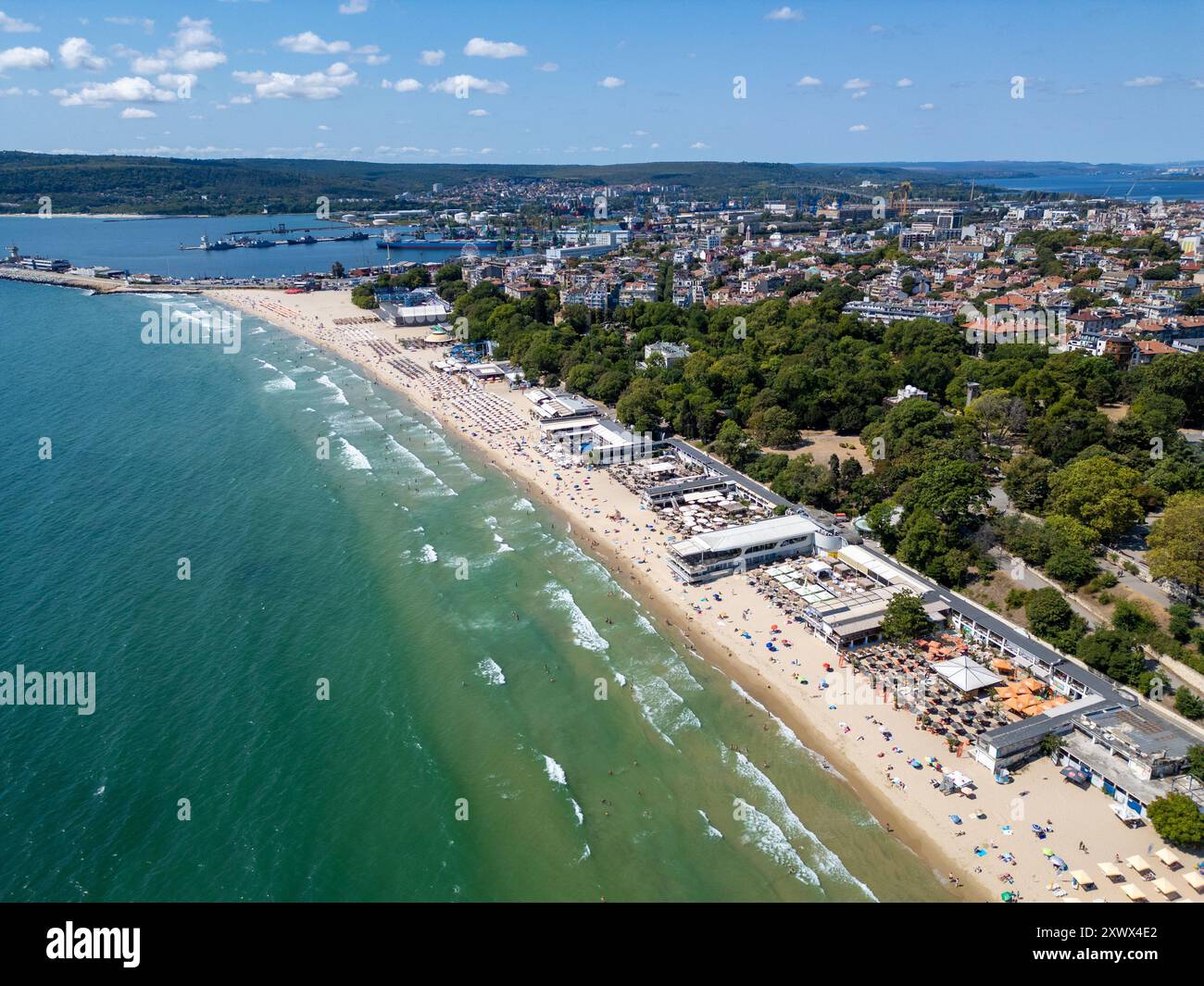 Aerial view of the bustling Varna beachfront and promenade in Bulgaria ...