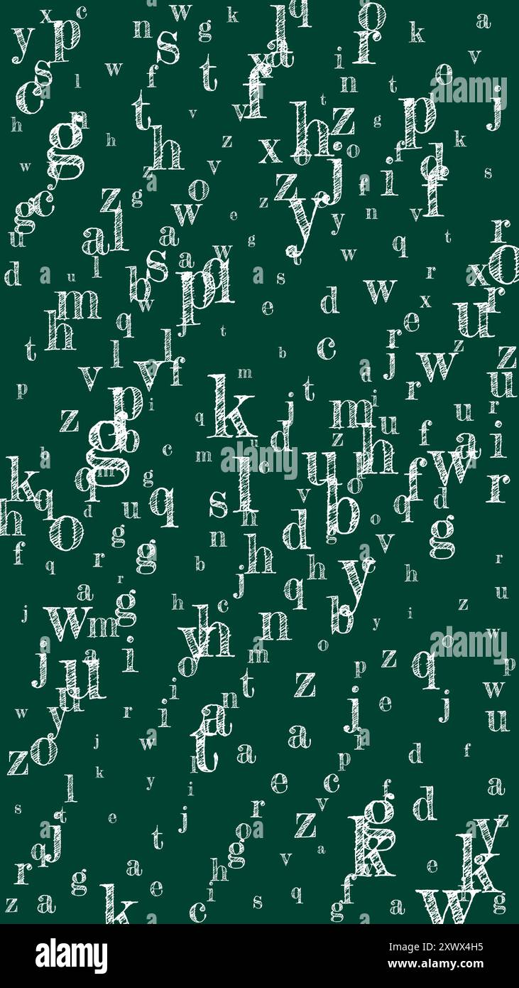 School notebook cover. White chalk floating letters of Latin alphabet ...