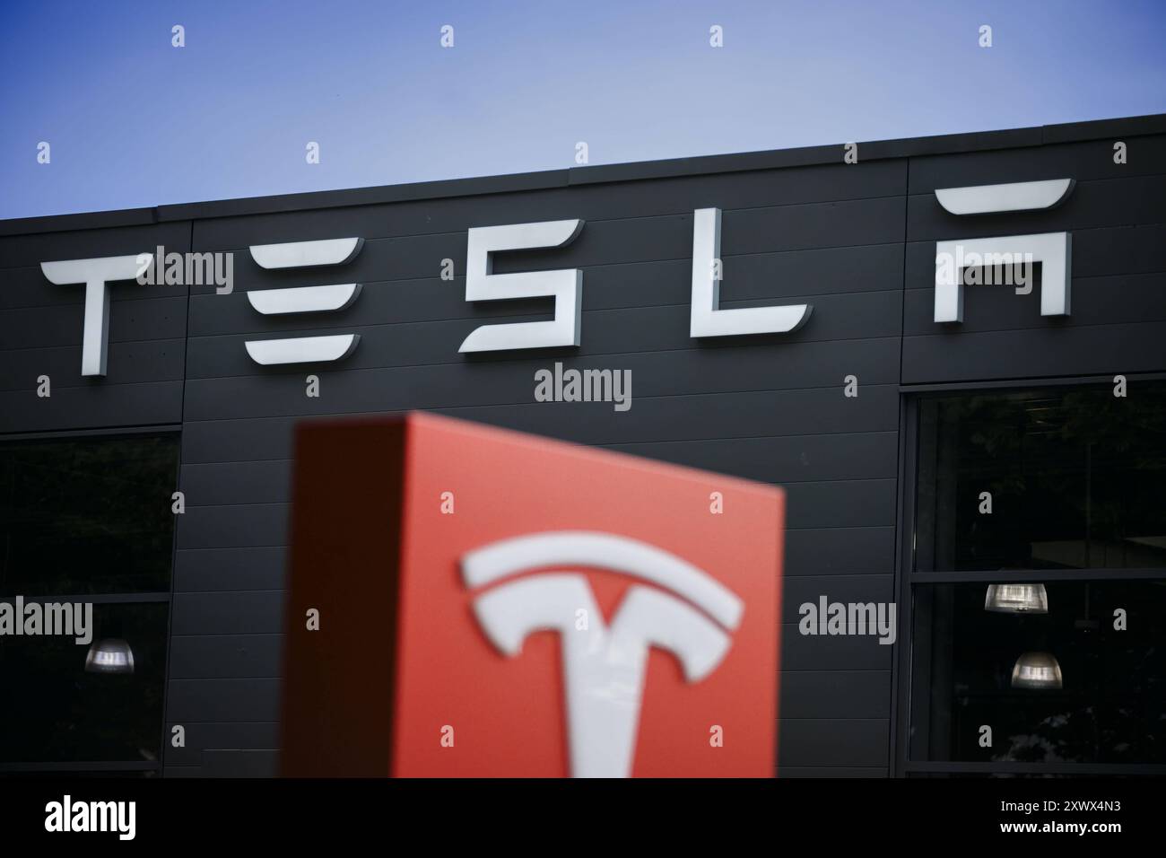 Symbolfoto zum Thema Tesla Schriftzug und Logo des ...
