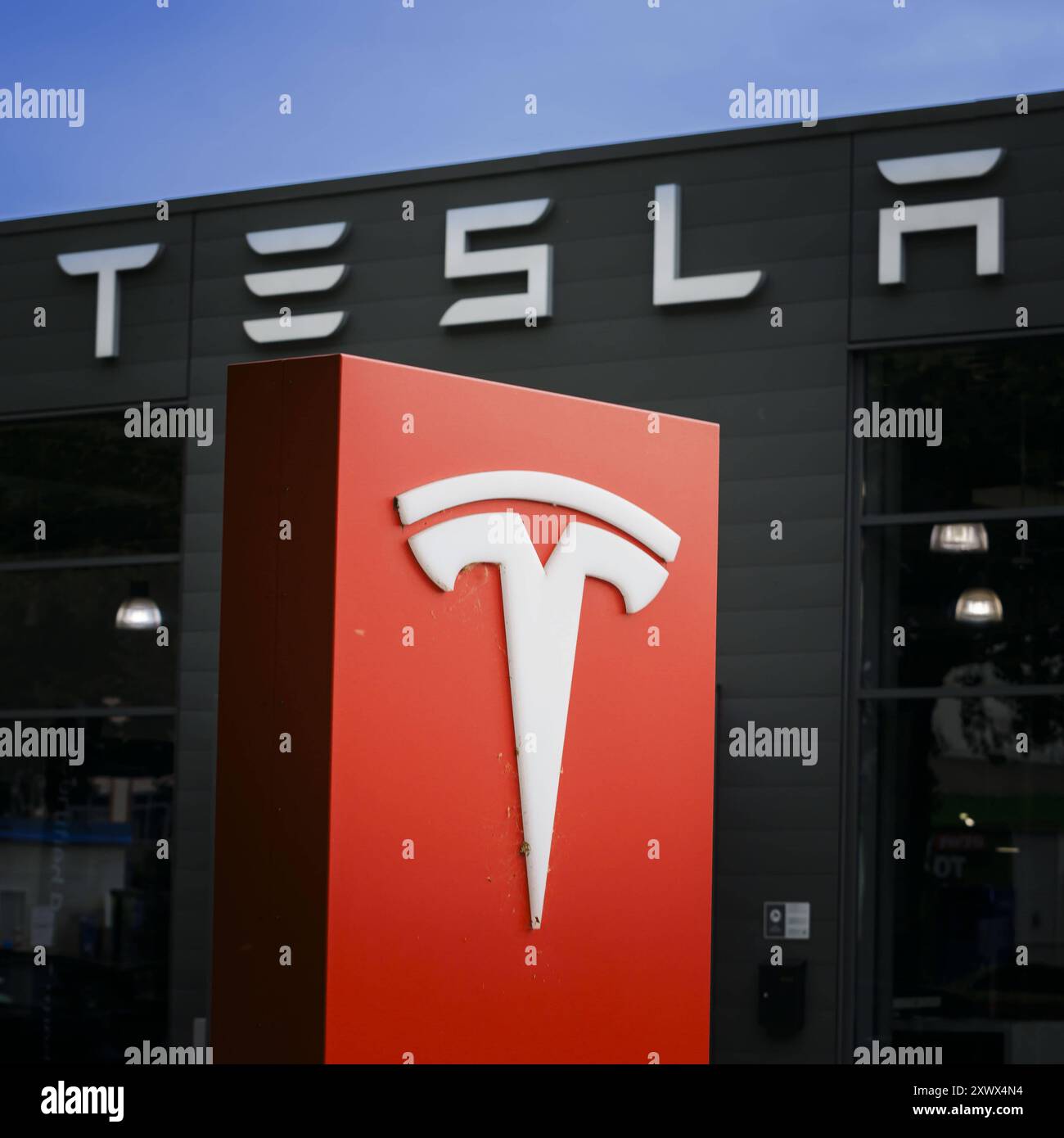 Symbolfoto zum Thema Tesla Schriftzug und Logo des ...