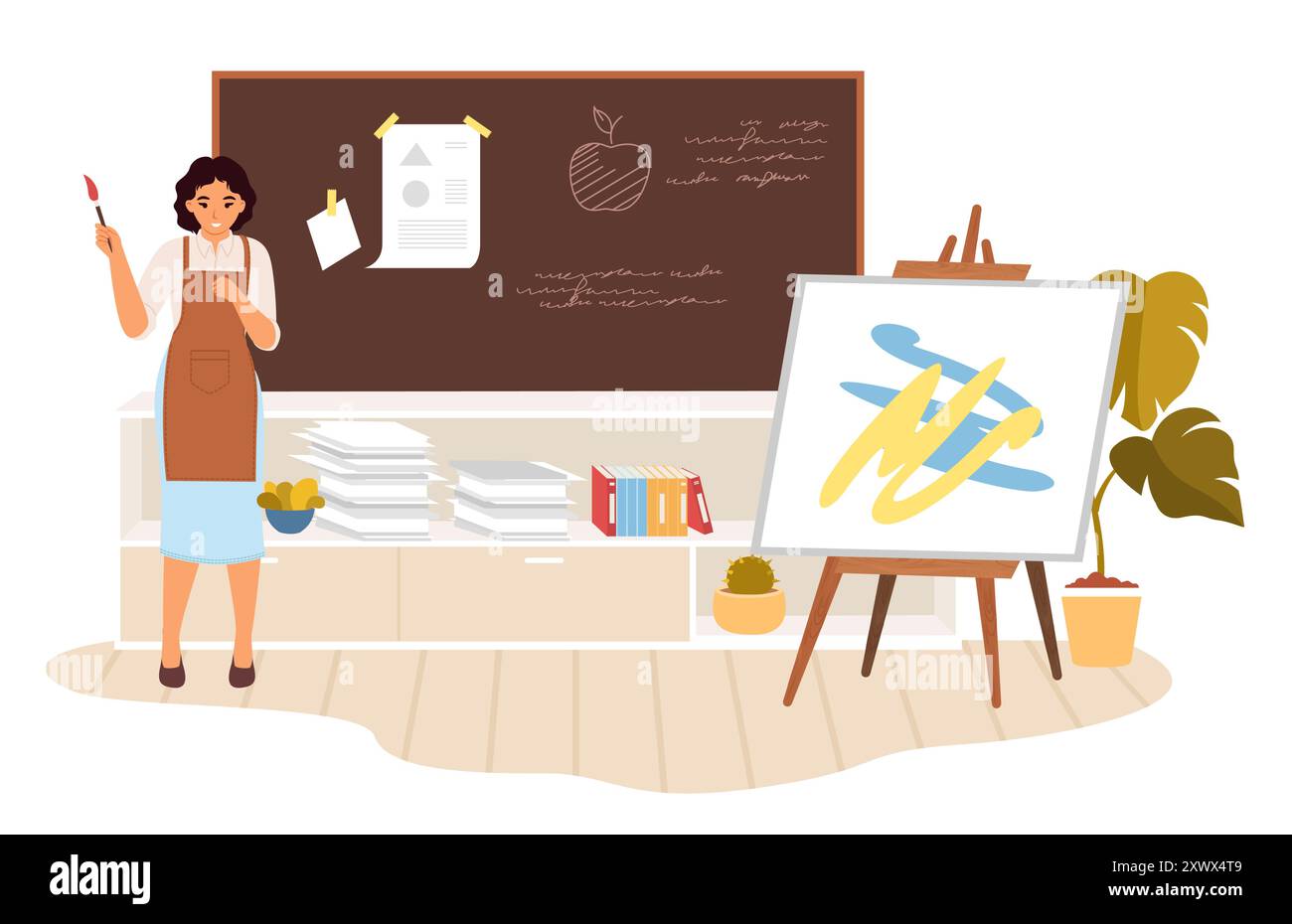 Art classroom with teacher with paintbrush explaining teaching drawing ...