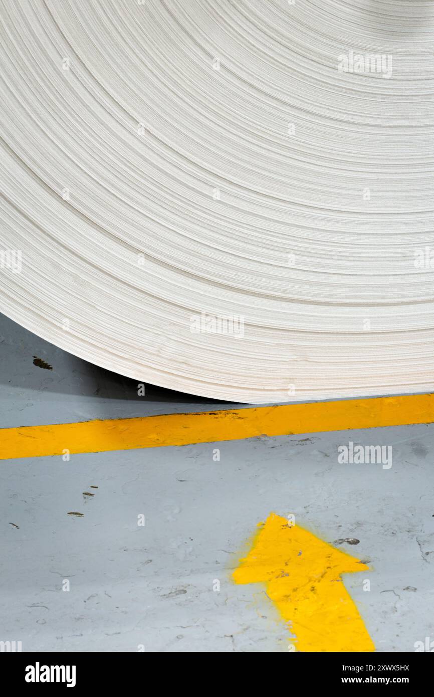 A close-up view of a massive paper roll on an industrial factory floor ...