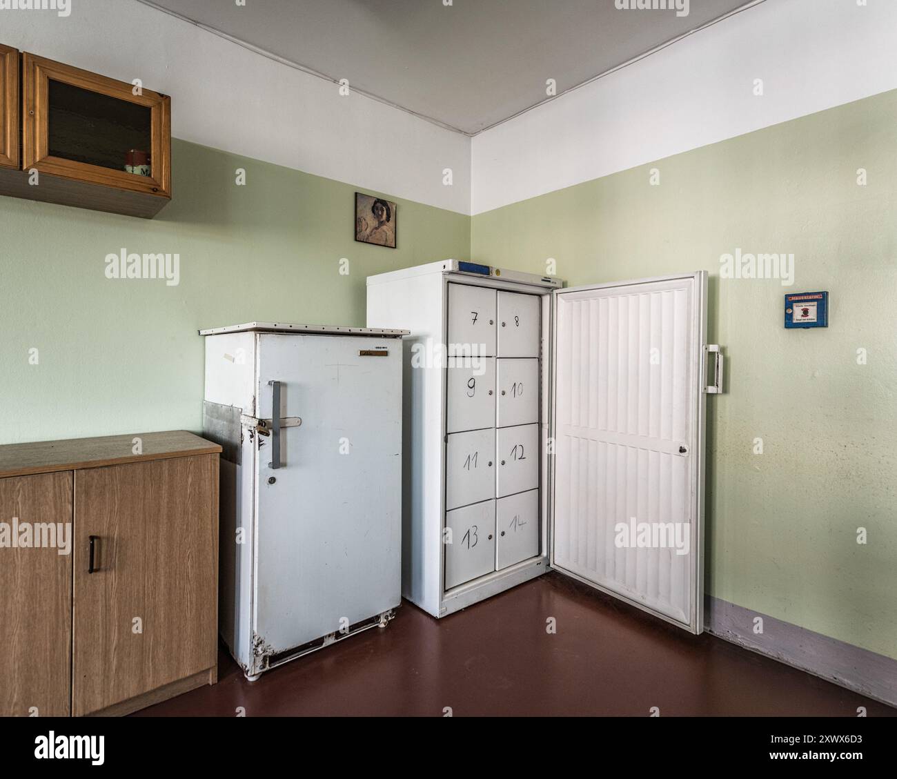 Interior view of industrial refrigerators in the communal room of a ...
