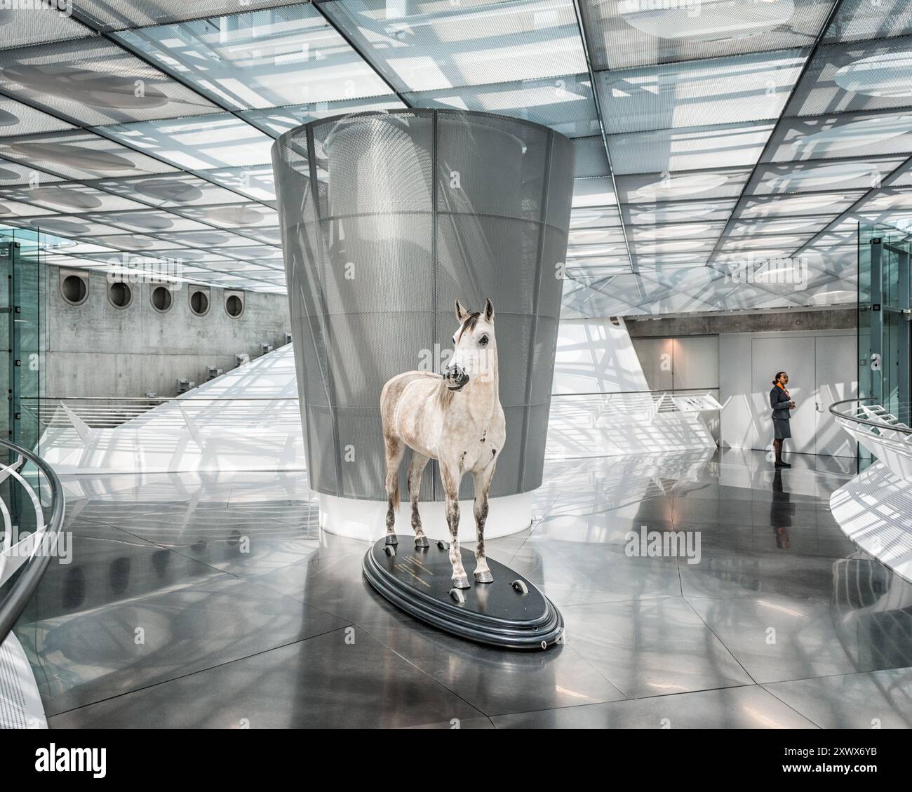 Modern exhibit featuring a horse sculpture symbolizing one horse power ...