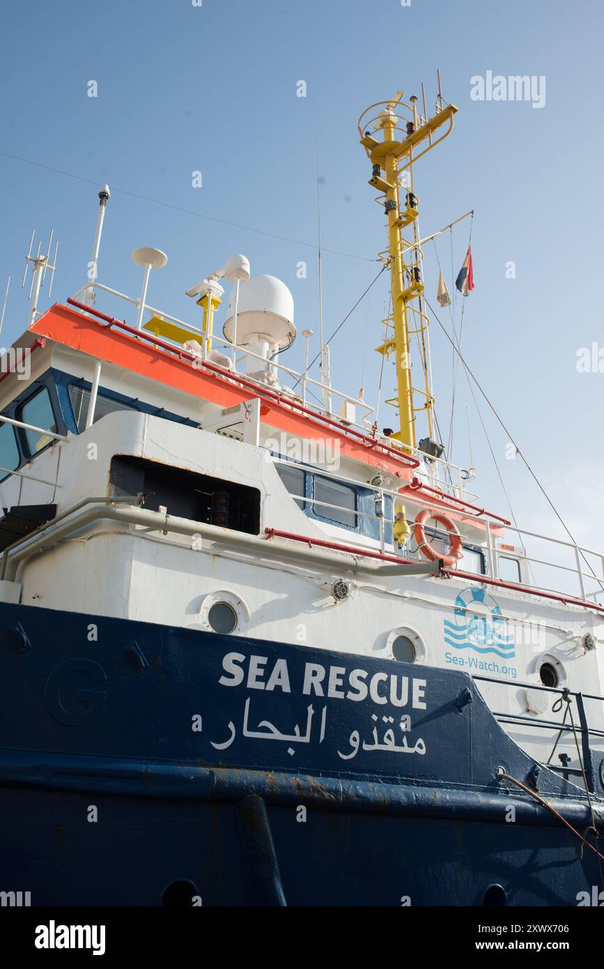 The Sea-Watch 3, a civil search and rescue ship, stands docked at Malta ...