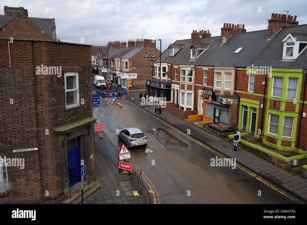 A view of a quiet street in Wallsend, Newcastle upon Tyne. The image ...