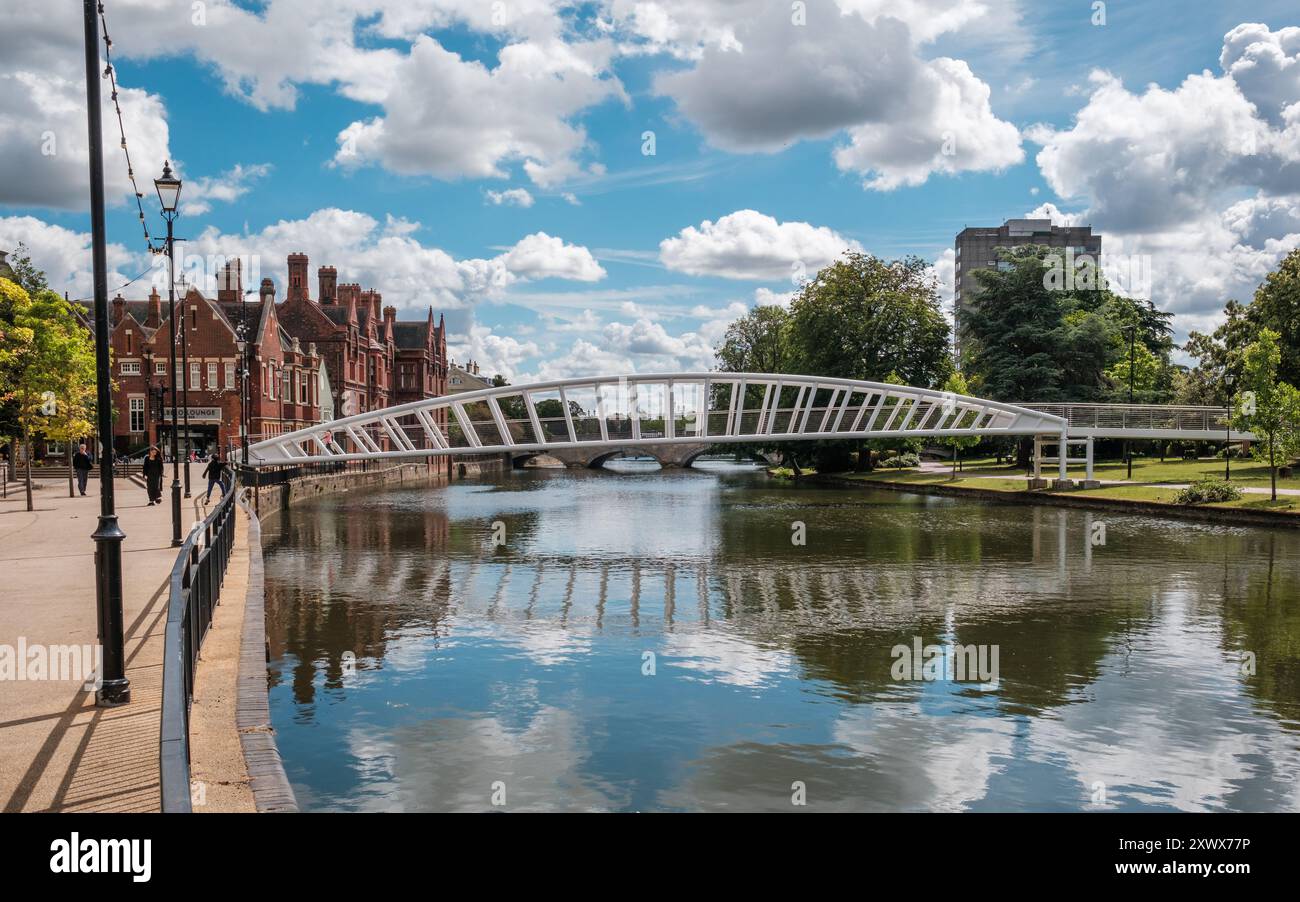 Bedford, England - 8th July 2024: The Riverside and Town Bridges crossing the River Great Ouse ...