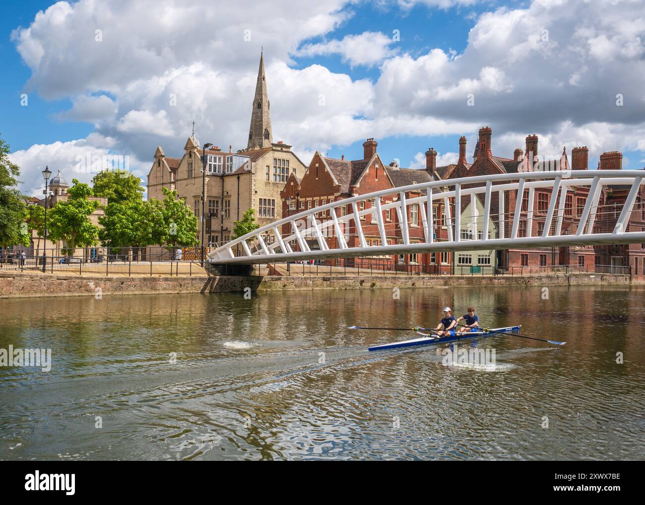 Bedford, England - 8th July 2024: Two rowers training in a double scull ...