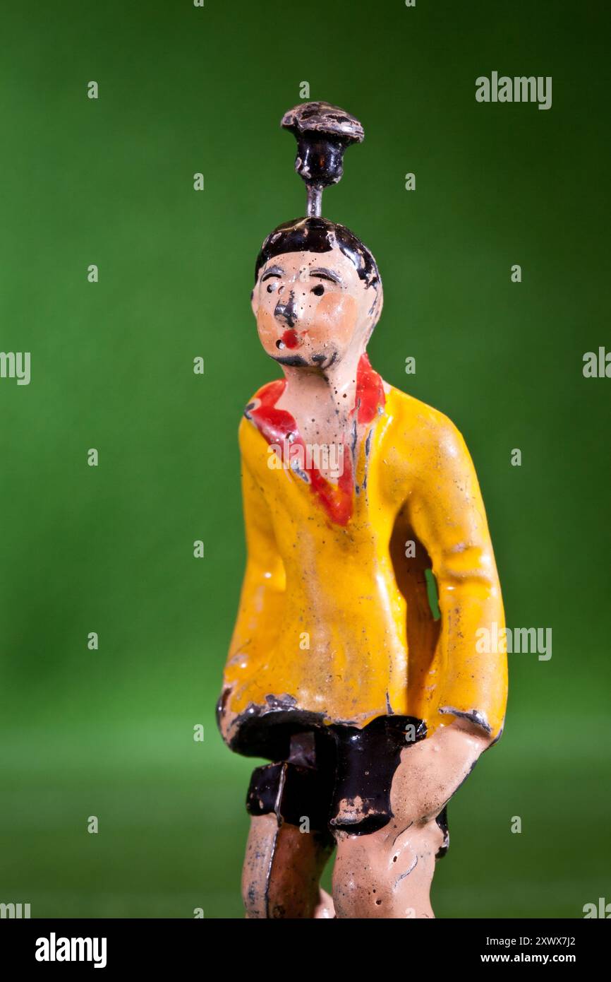 Close-up of a vintage Tipp-Kick football figure from the 1930s. The ...