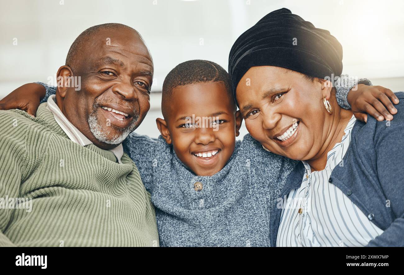 African, hug and portrait with family on sofa in living room of home ...