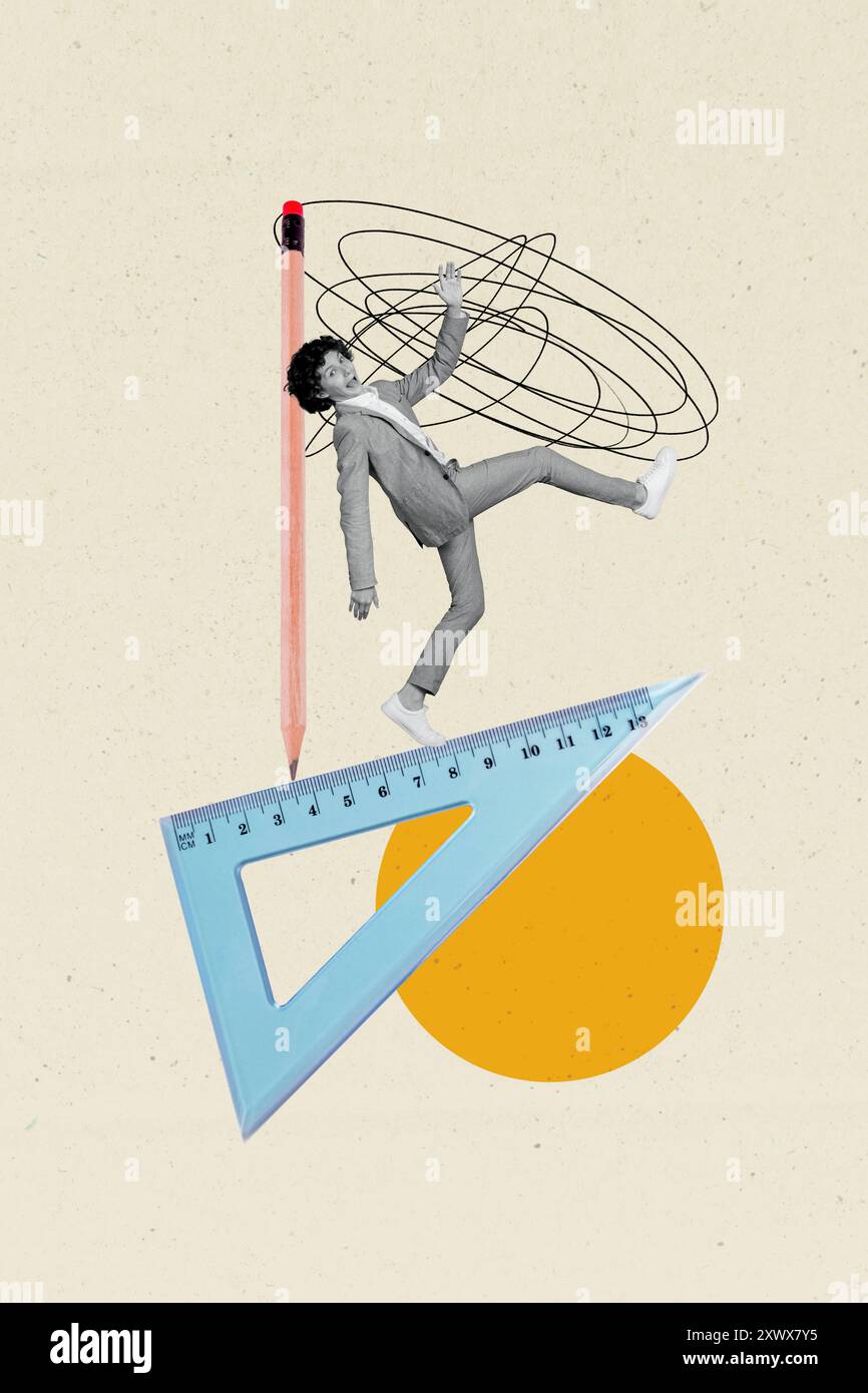 Creative trend collage of funny boy walk ruler pencil school day ...