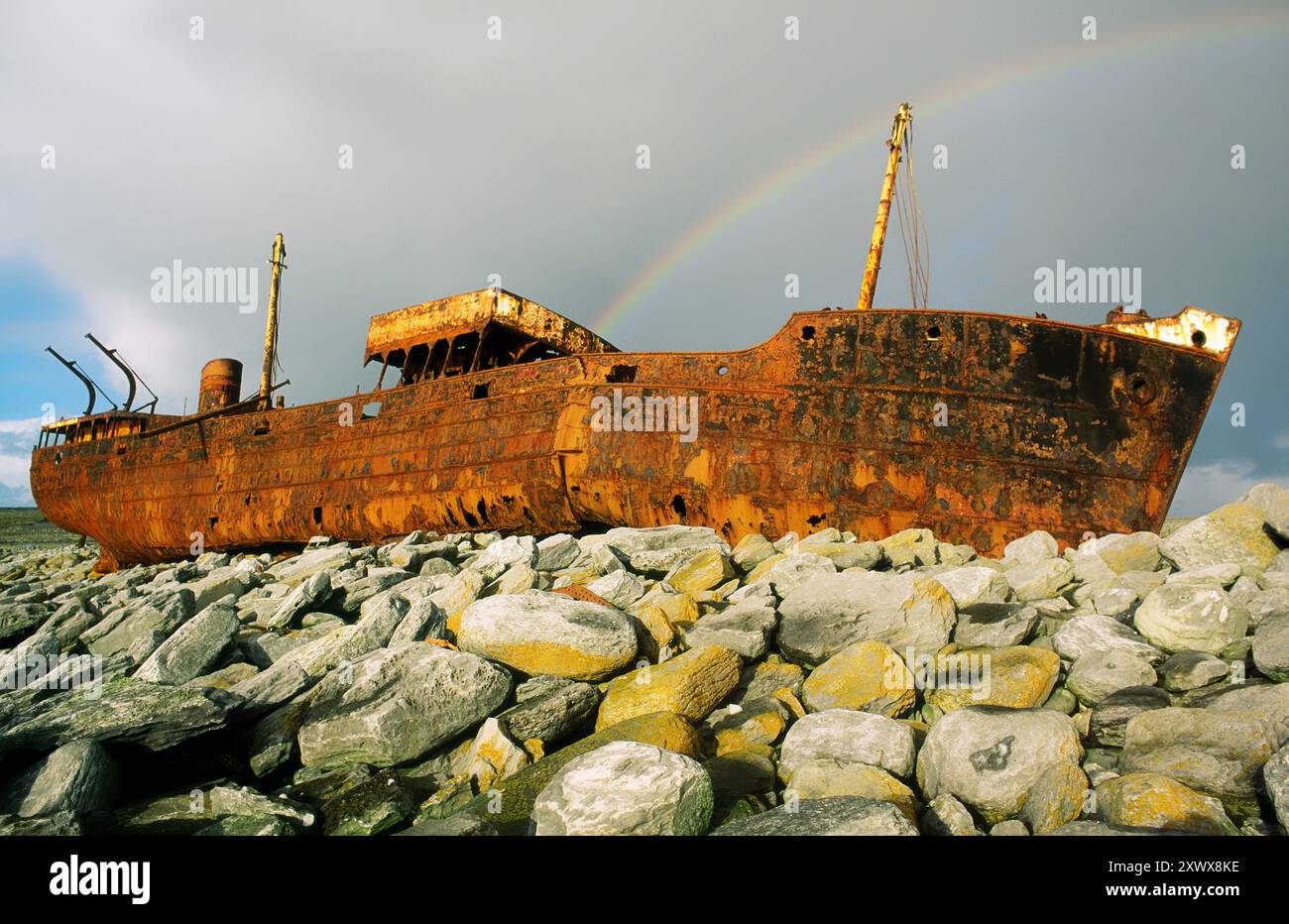 The wreck of the freighter Plessey high on the rocky shore of Inisheer ...