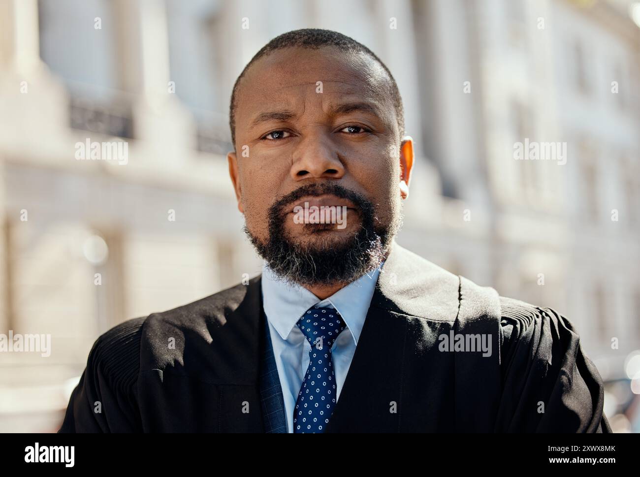 Judge, lawyer and mature black man with portrait in city for justice ...