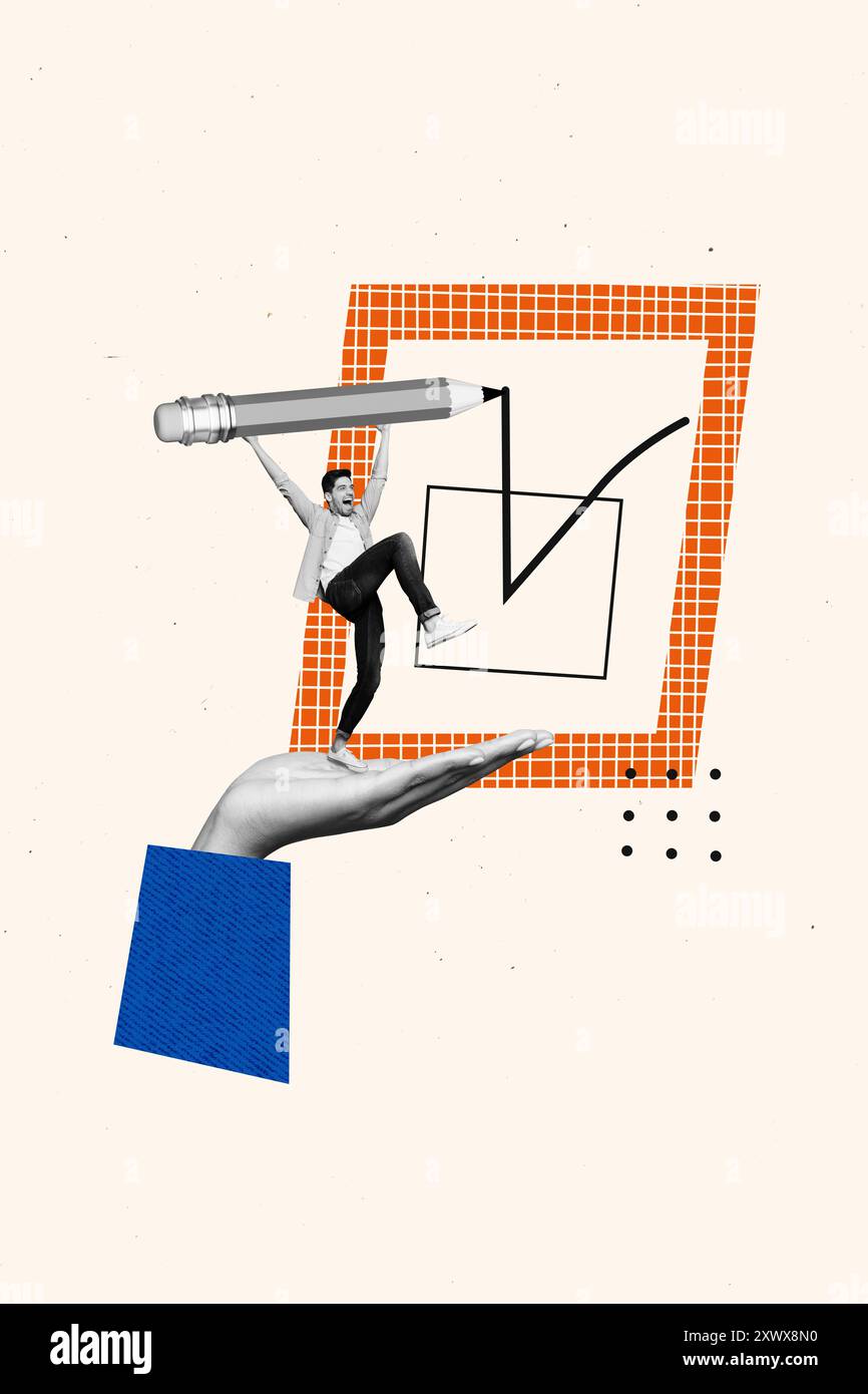 Vertical photo collage of excited man hold big pencil draw check mark ...
