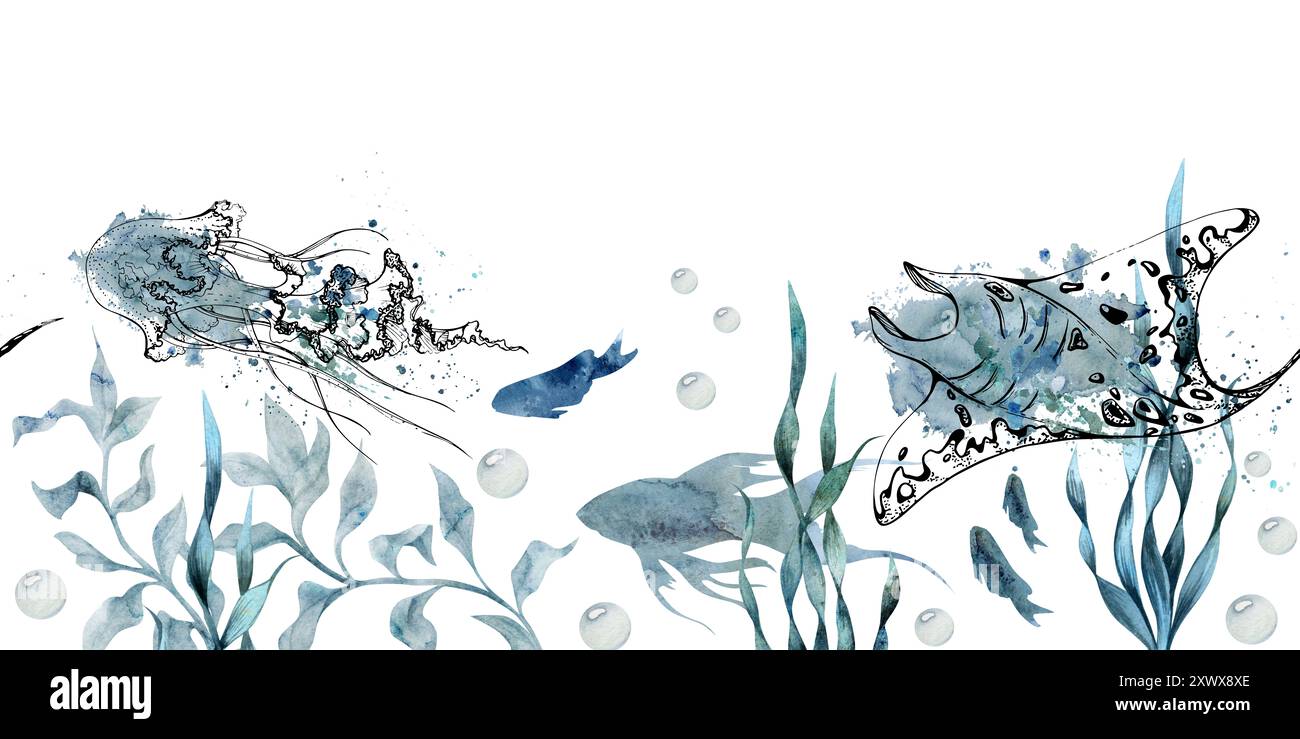 Watercolor and ink hand drawn marine life, sea ocean underwater ...