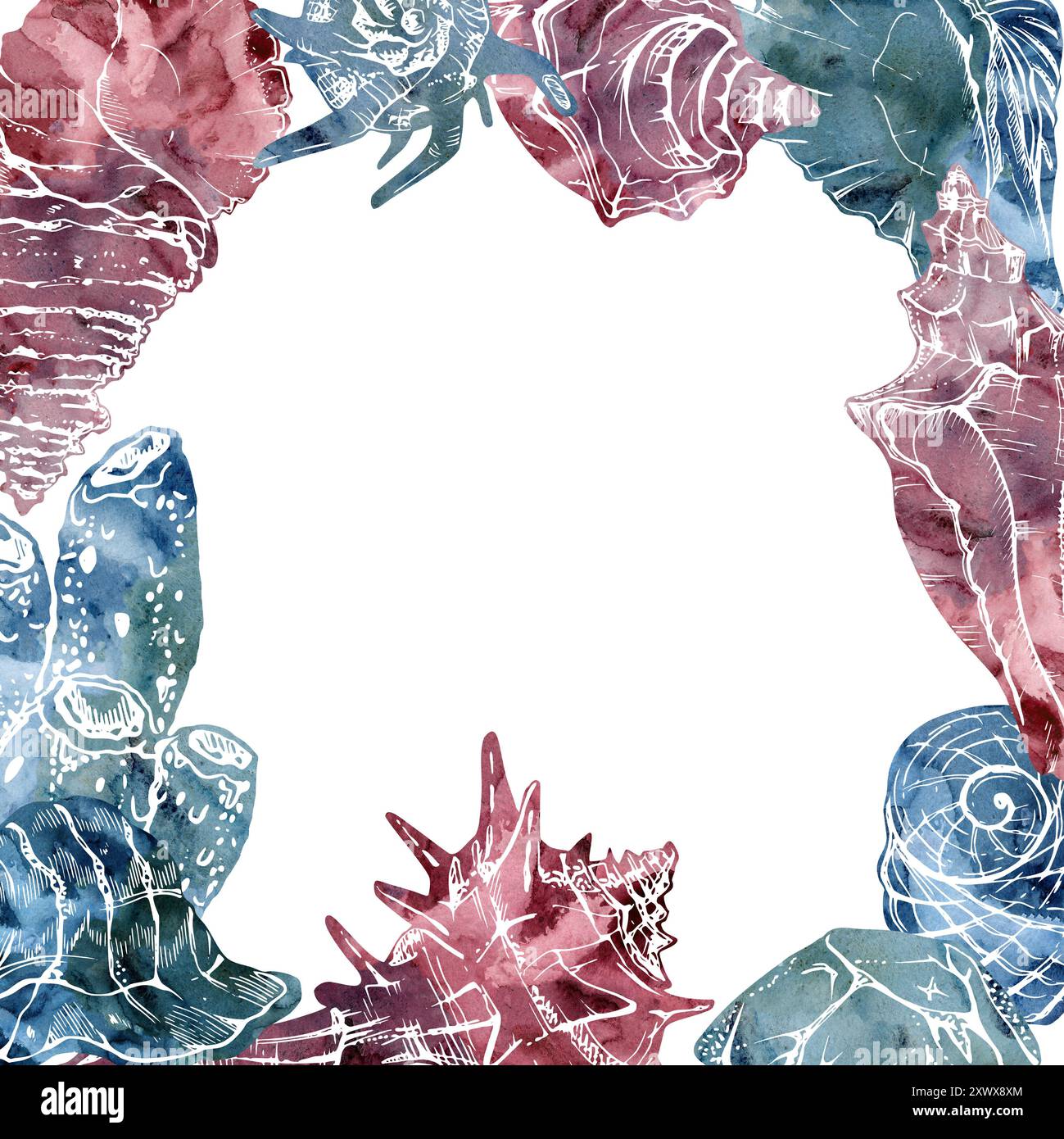 Watercolor and ink hand drawn marine life, sea ocean underwater ...