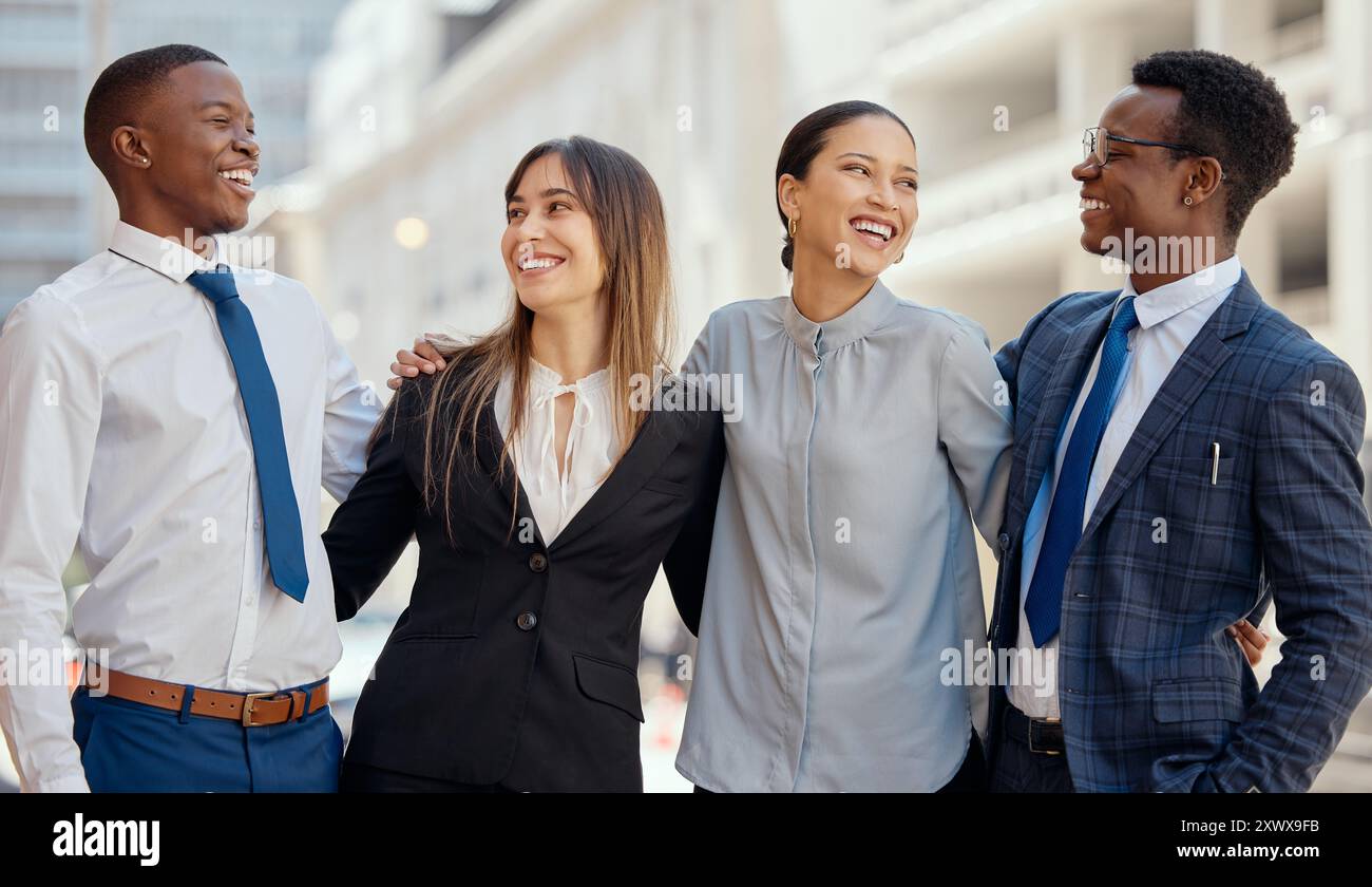 Team, smile and business people in city for support, diversity and ...