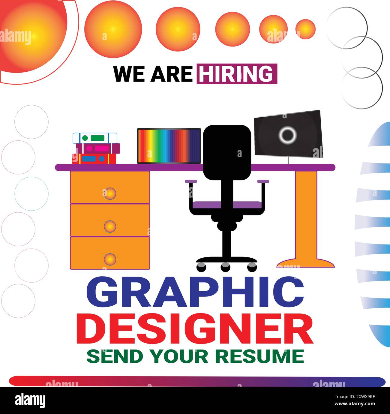 Graphic designer job vacancy: hiring banner with office desk and computer setup Stock Vector ...