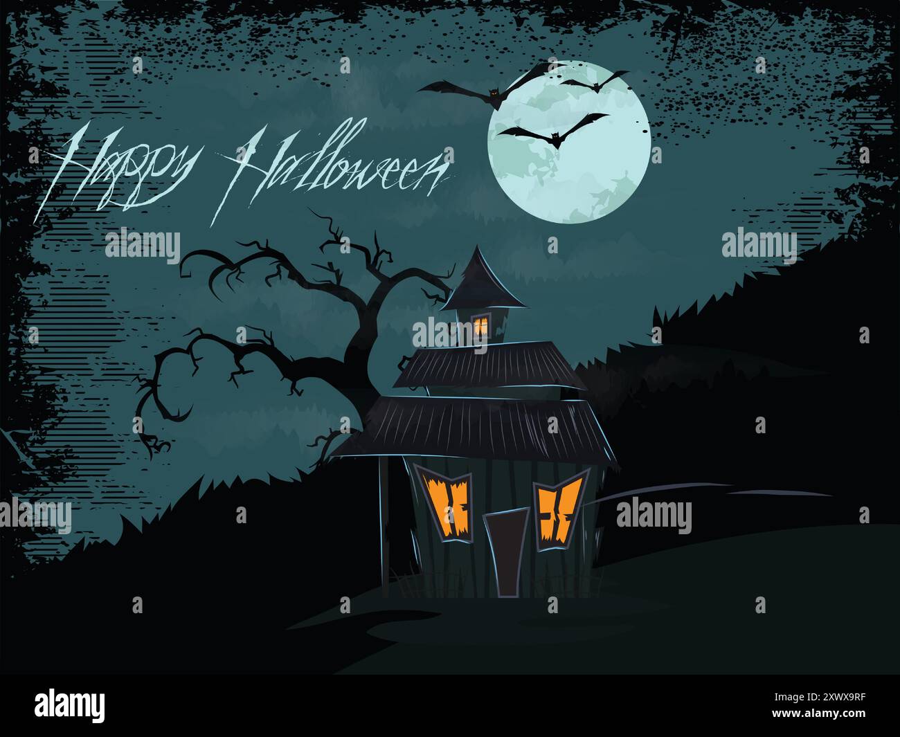 A house with bats flying in the sky and the words Happy Halloween ...