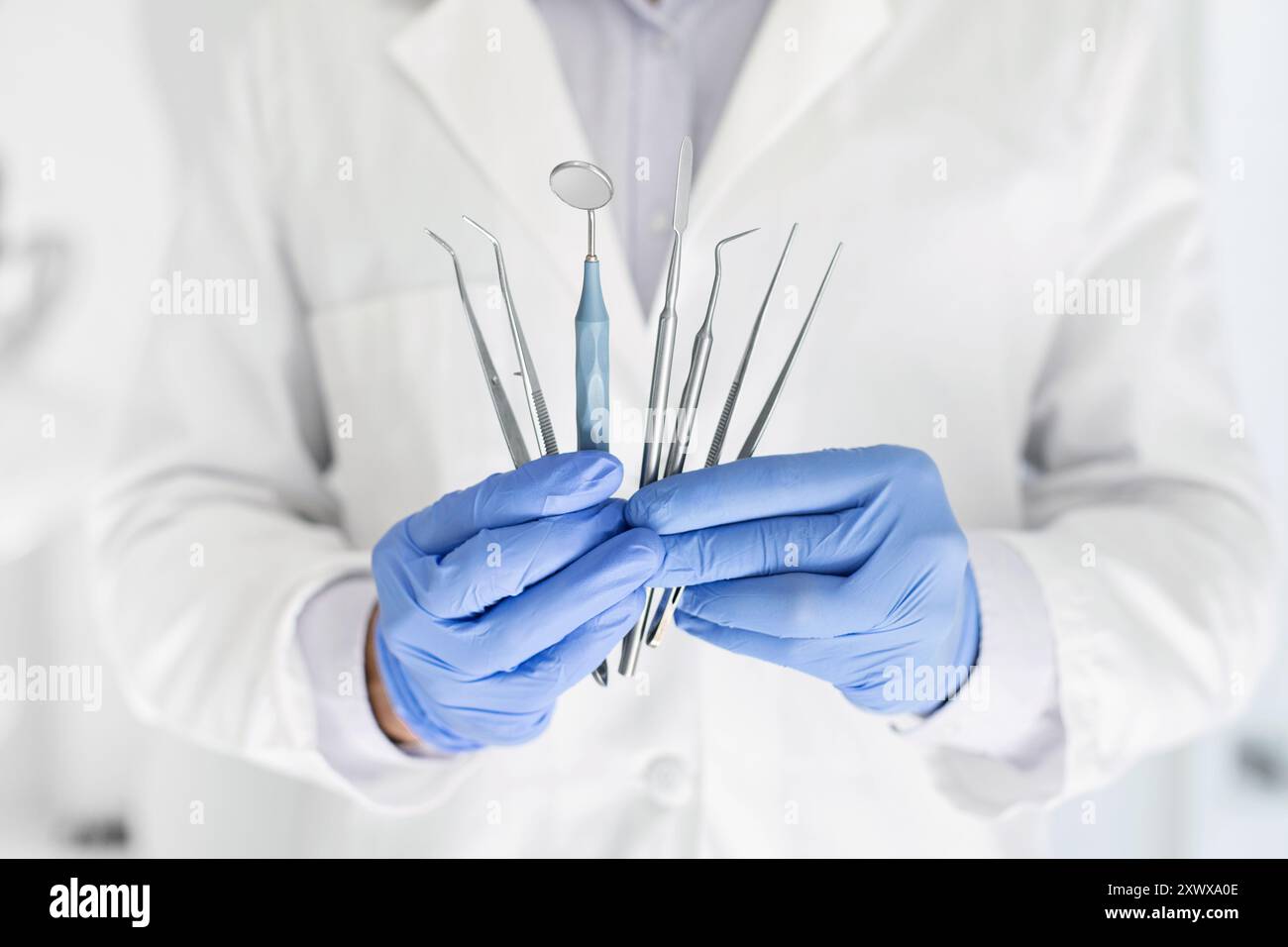 Set of metal medical equipment tools for teeth dental care Stock Photo ...