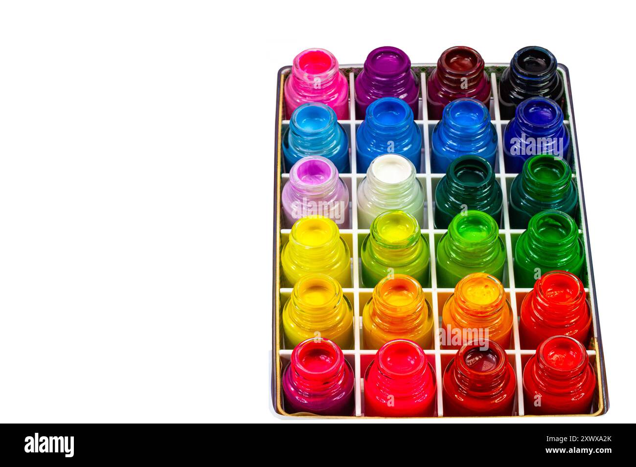 A vibrant display of various colored ink bottles arranged in a grid ...