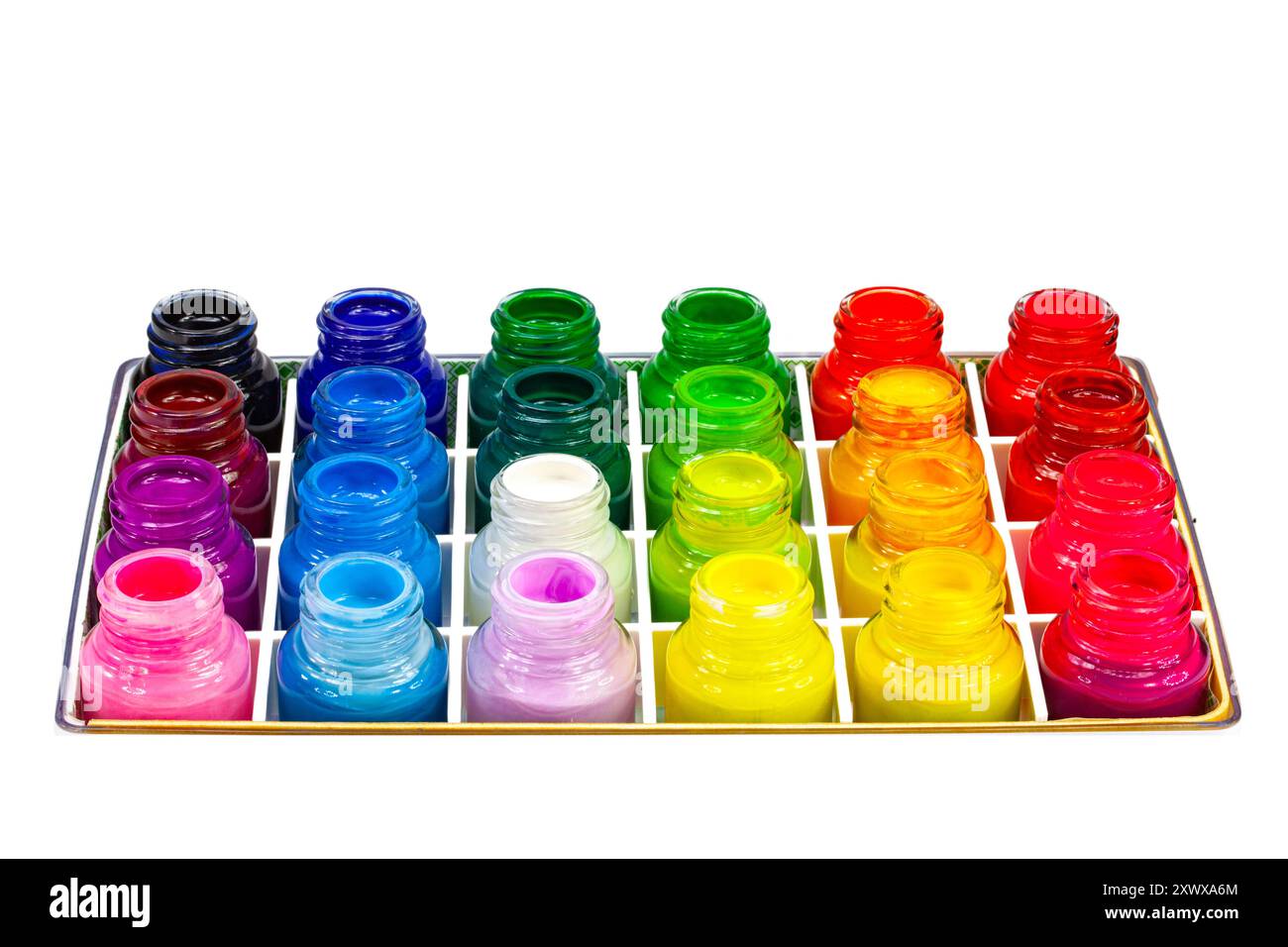 A vibrant display of various colored ink bottles arranged in a grid ...