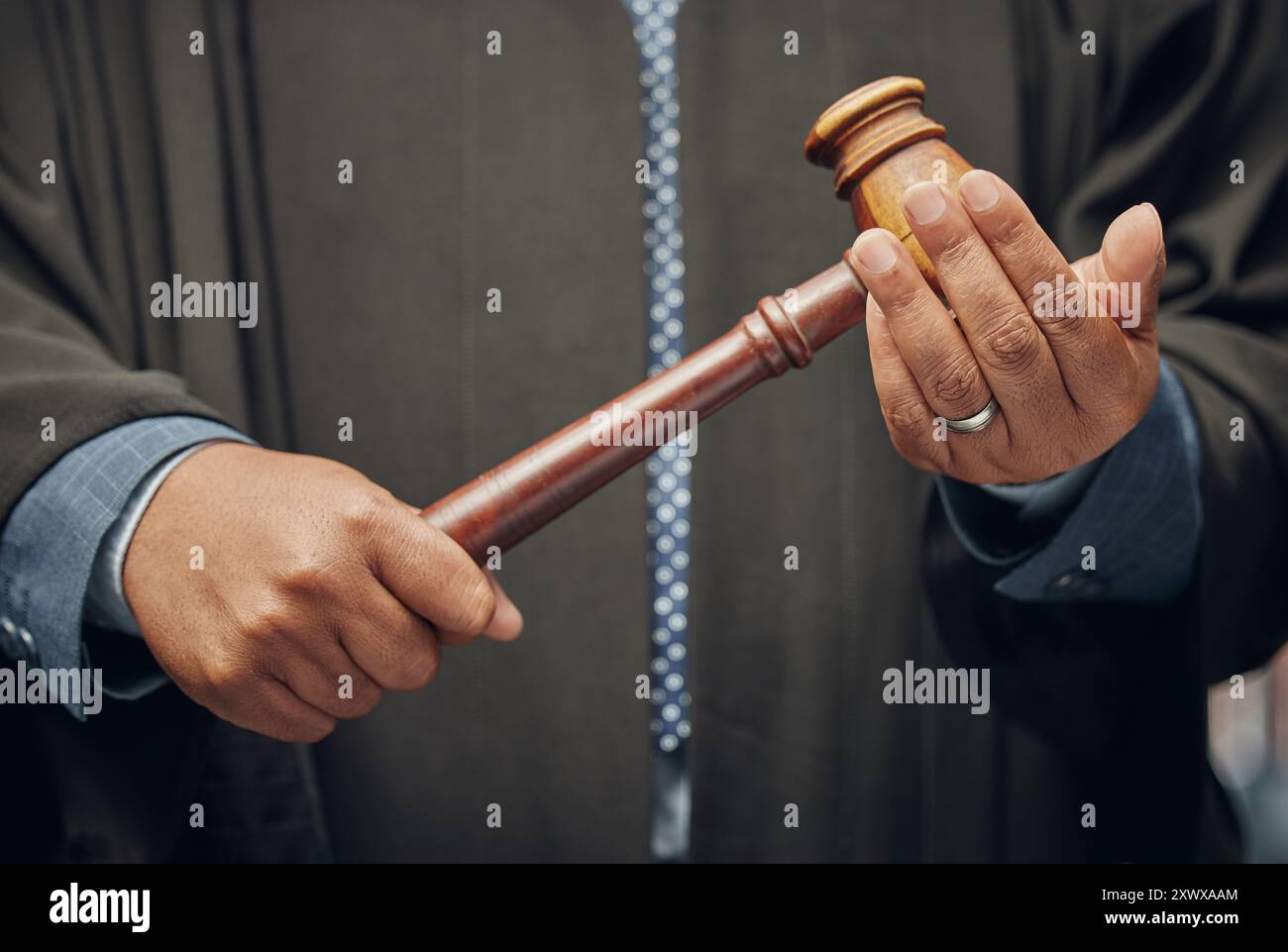 Hands, judge and person with gavel for justice, law or sentence in ...