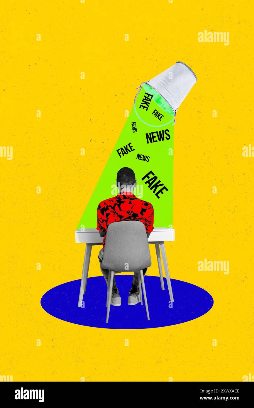 Vertical poster collage man fake news mass media steel bucket pour down ...