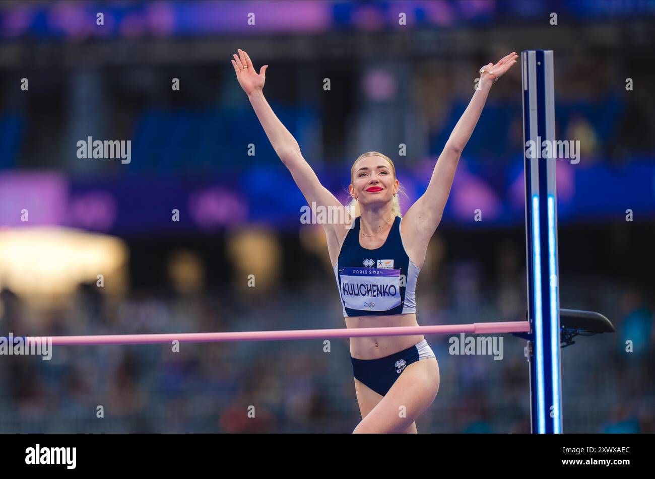 Elena Kulichenko participating in the high jump at the Paris 2024 ...