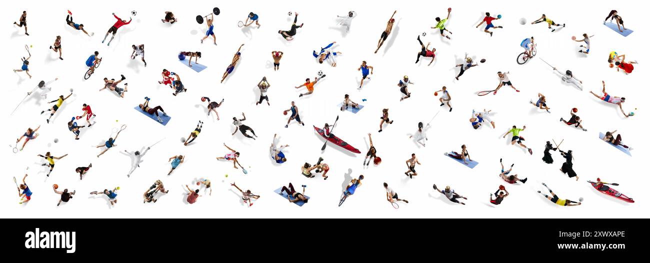 Collage. Multiple athletes, top view of men and women of different ...