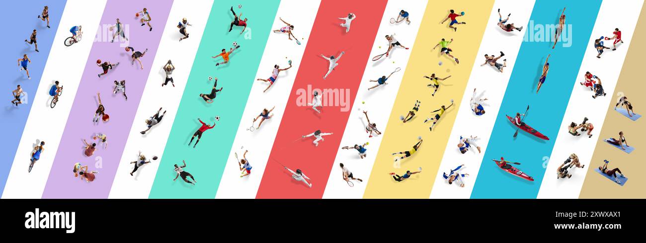 Collage. Top view of multiple athletes, men and women of different ...