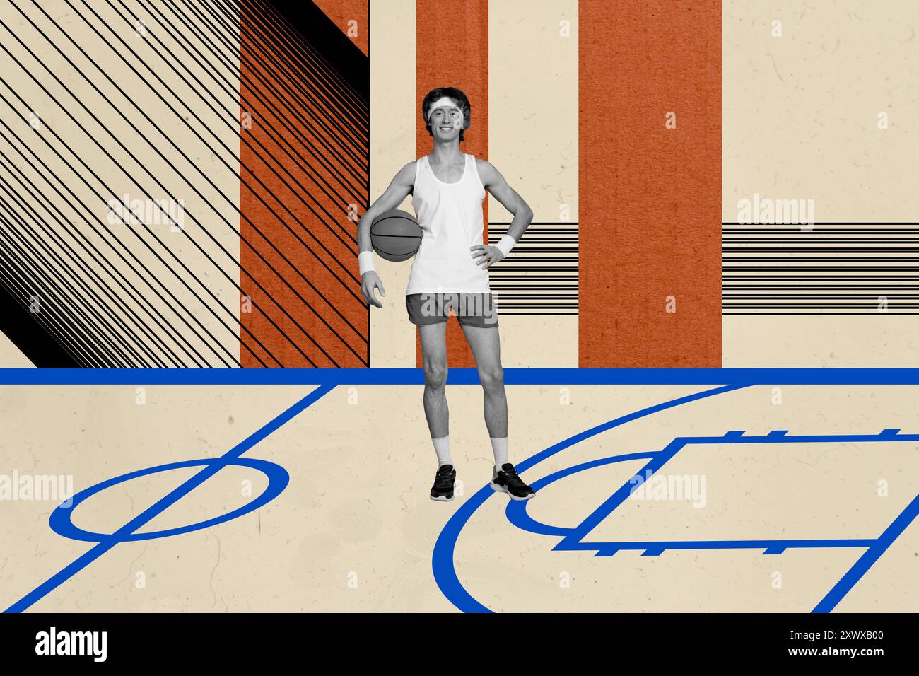 Creative photo collage picture young cheerful happy sportsman basketball match game player ...