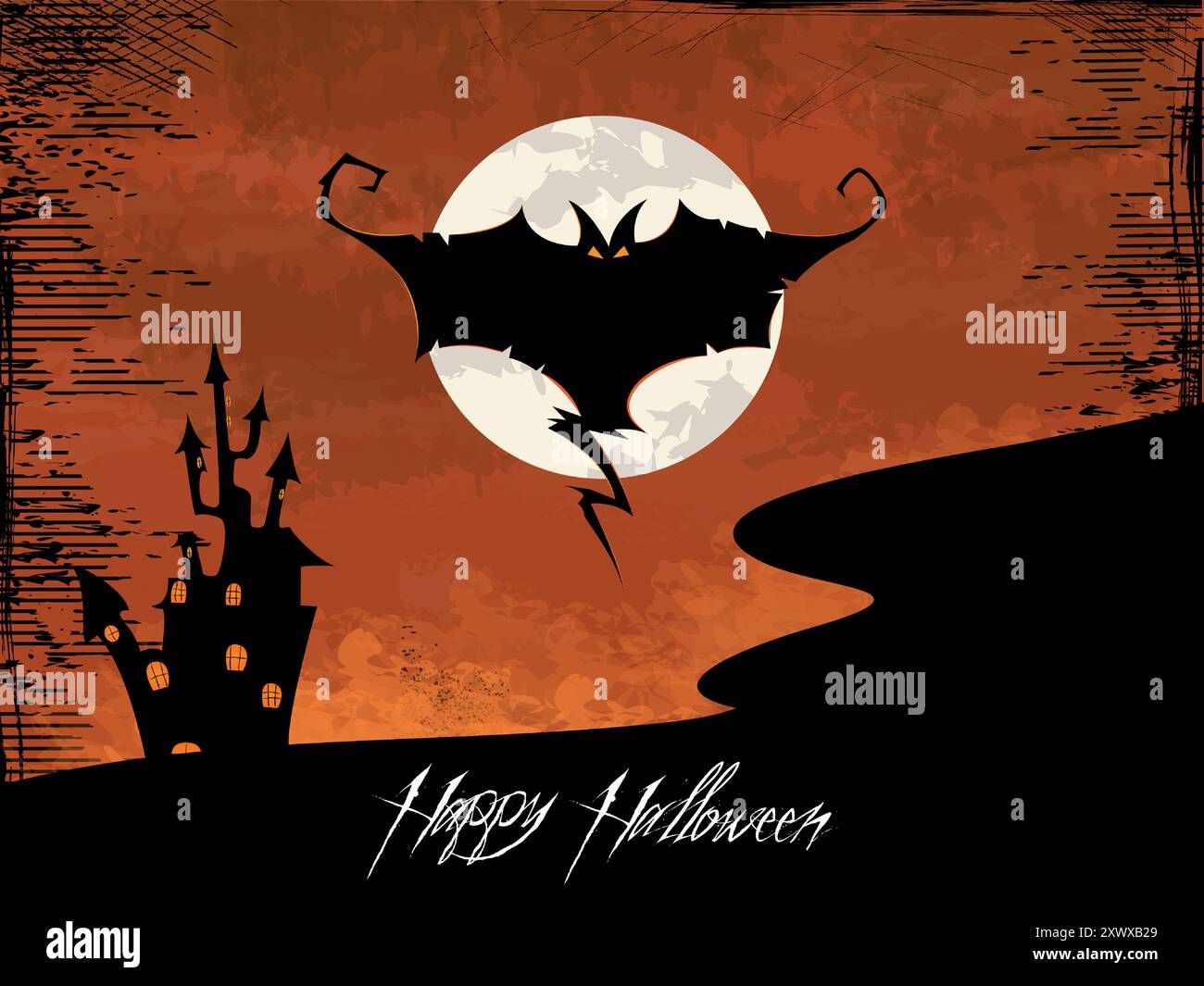 A bat flying over a castle and moon with the words Happy Halloween ...