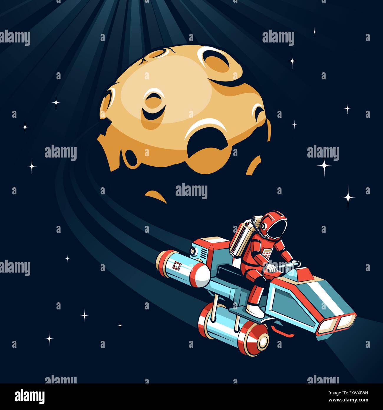 Astronaut riding a futuristic spacecraft near the moon in outer space ...