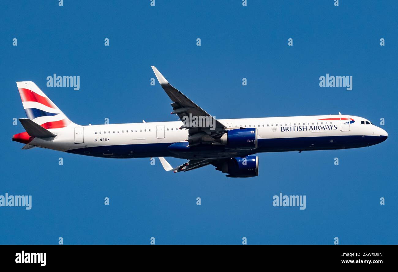 British Airways Airbus A321-251NX G-NEOX overflies Windsor Great Park prior to landing at ...